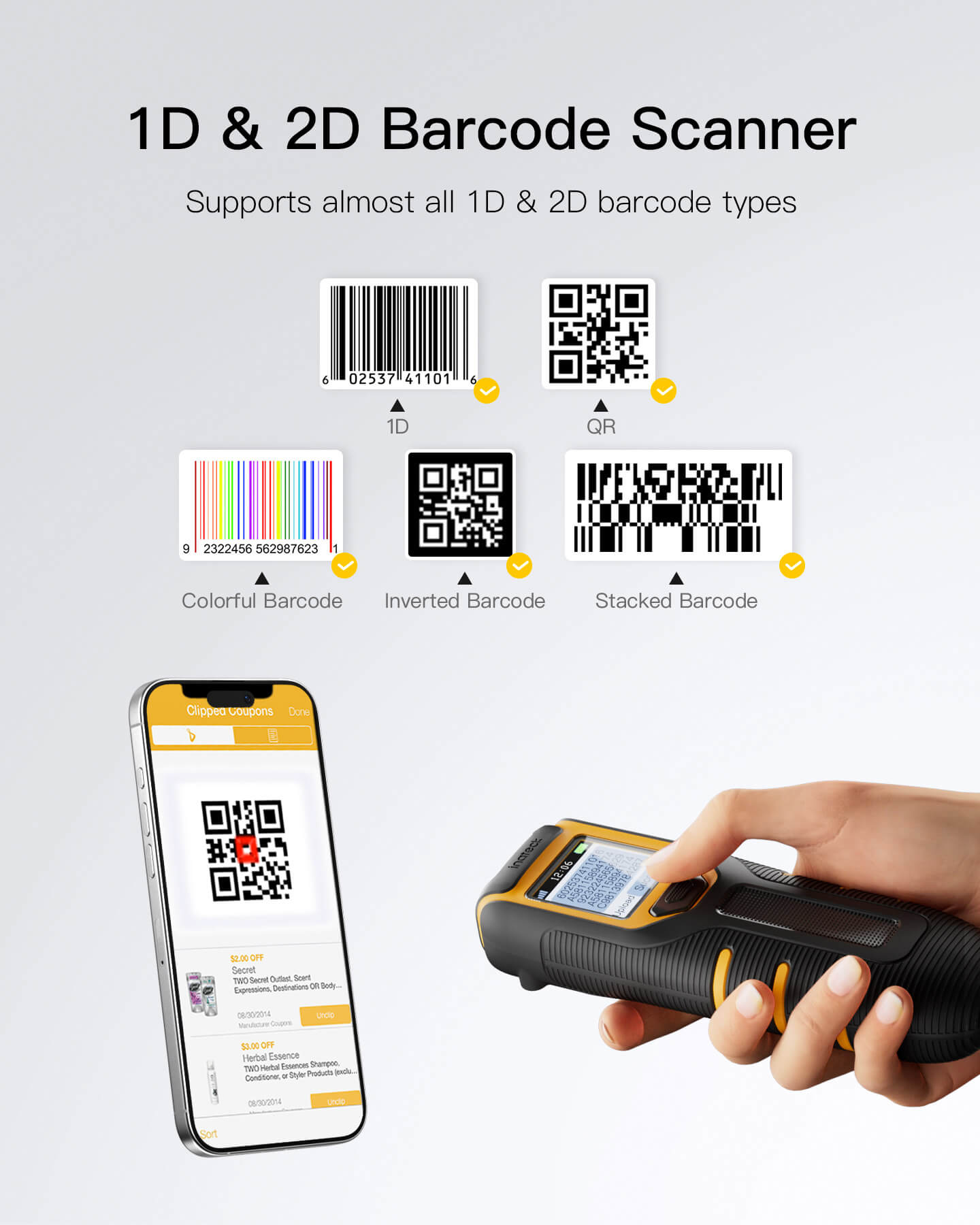 1D/2D/QR Bluetooth® 5.0 Portable Barcode Scanner with Screen & APP SDK ...