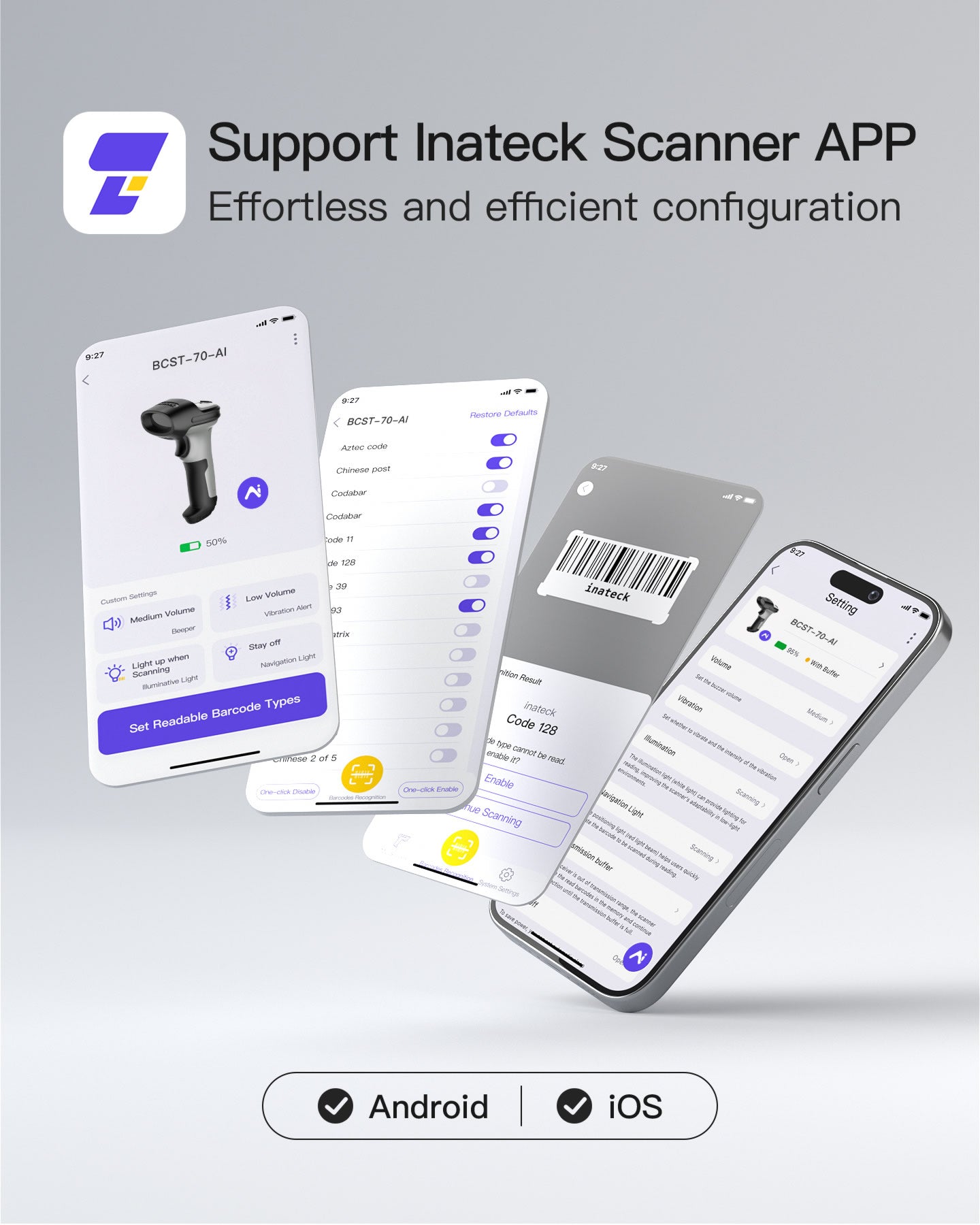 AI Barcode Scanner Bluetooth 1D Scanner, with APP and SDK, BCST-70 AI – Inateck Office